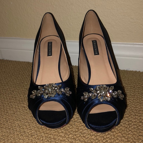 Shoes | Satin Blue Peep Toe Pumps With Rhinestones | Poshmark
